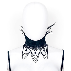 L'VOW Black Feather Choker Necklace Gothic Jewelry Vampire Neck Chain Steampunk Tattoo Lace Accessories Halloween Costume(Black-1)