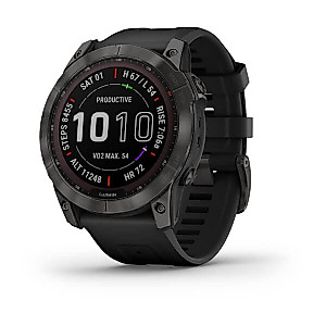 Garmin Fenix 7X Sapphire Solar Edition Smart Watch Carbon Gray Titanium with Black Band (51mm) + Watch Charging Stand + USB Car/Wall Adapter + 6TH AVE Cleaning Kit + Sweat Workout Towel (010-02541-10)