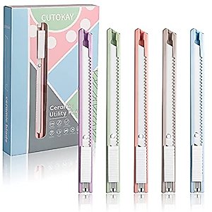 CUTOKAY Ceramic Box Cutter Utility Knife Ceramic Blades Finger Safe Paper Knives Retractable Craft Cutter Friendly Cutters for Foam Cardboard Cutting Auto-Lock clip [5-Pack]