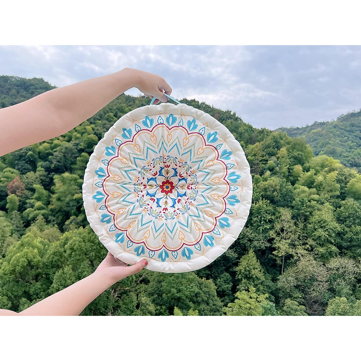 vctops Boho Print Round Chair Pad with Handle Soft Velvet Chiar Cushion Floral Pattern Thicken Seat Cushion for Dining Chairs, Office Chairs, Hardwood Floors (Blue A,16"x16")