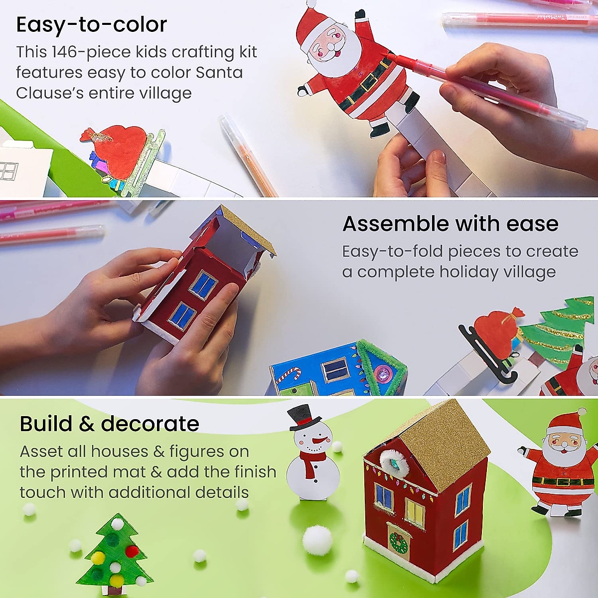 Arteza Kids Christmas Village Kit, 3D Holiday Kit Includes 20 Colorable Cut Out Cardboard Crafts, Glitter Glue, Pom Poms, Markers, Craft Supplies for Family Activities, Winter and Holiday Parties