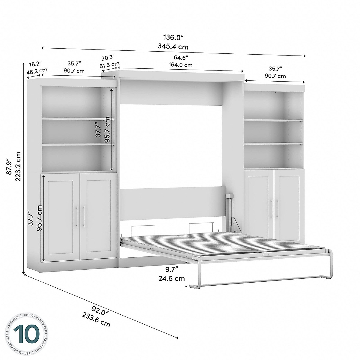 Bestar Pur Queen Murphy Bed with Closet Storage Organization, Platinum Gray 136-inch Sleeping Arrangement for Multipurpose Room with Wardrobe Organizers