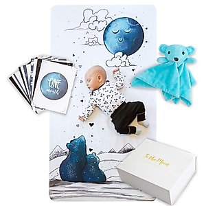 JumpOff Jo - Baby Gift Set with 100% Cotton Crib Sheet, Minky Security Blanket Lovey, and Monthly Milestone Photo Cards, Includes Gift Box - Mama Bear Blue
