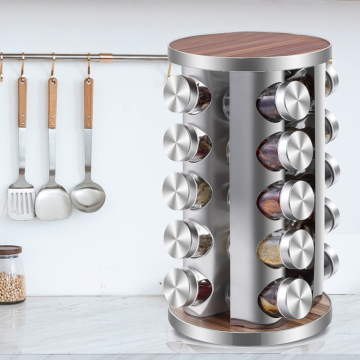Rotating Spice Rack Organizer for Cabinet, 20 Jars Revolving Seasoning Organizer for Kitchen, Stainless Steel Spice Tower for Countertop with Reuseable Labels and Funnel