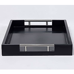 Serving Tray with Polished Metal Handles, 16.5''x12'' Rectangle Coffee Table Tray, Modern Decorative Tray, Large Ottoman Tray, Perfect for Storage and Display (Black)