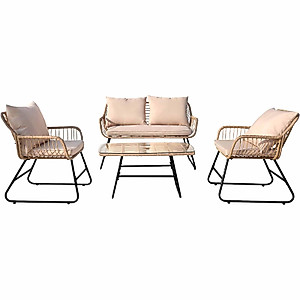 FKSLIFE Outdoor Wicker Patio Conversation Set, All-Weather Rattan Conversation Chairs for Backyard, Balcony, Deck ，Porch ，with Soft Cushions (Beige+Beige, 4-Piece Set)