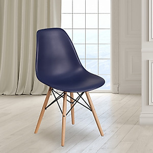 Flash Furniture 2 Pack Elon Series Navy Plastic Chair with Wooden Legs for Versatile Kitchen, Dining Room, Living Room, Library or Desk Use