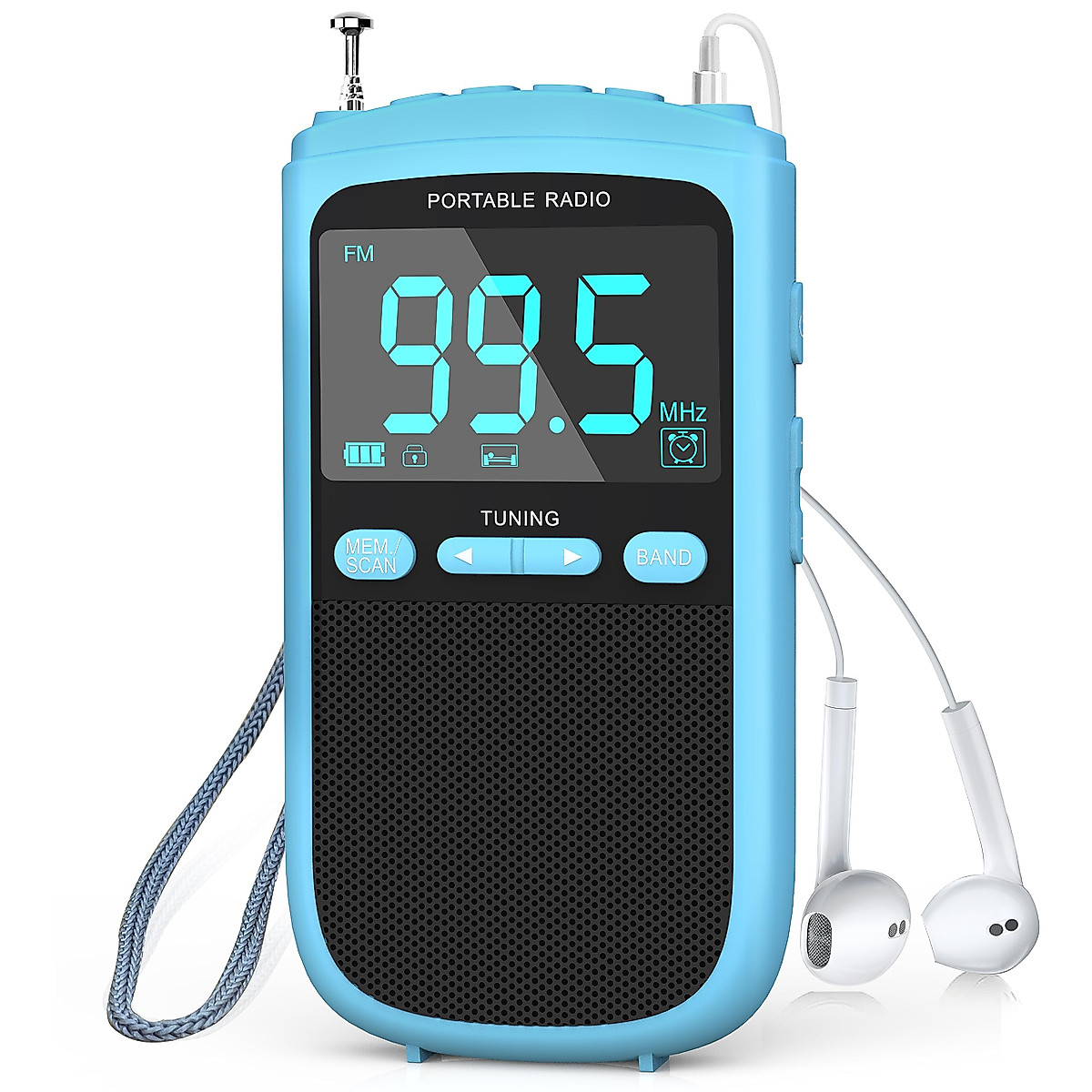 Sunoony Portable Radio AM FM, 900mAh Rechargeable Battery Personal Pocket Radio with Best Reception, Clearly LCD Screen, Earphone Jack, Time Setting Transistor Radio for Home & Outdoor, Walking (Blue)