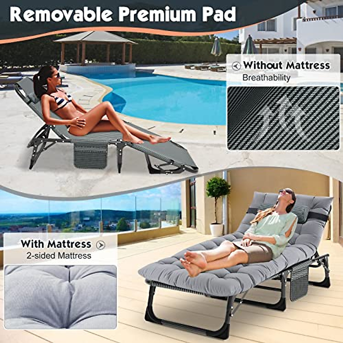 MOPHOTO Folding Lounge Chair 5-Position, Folding Cot, Portable Outdoor Folding Chaise Lounge Chair for Sun Tanning, Perfect for Pool Beach Patio Sunbathing