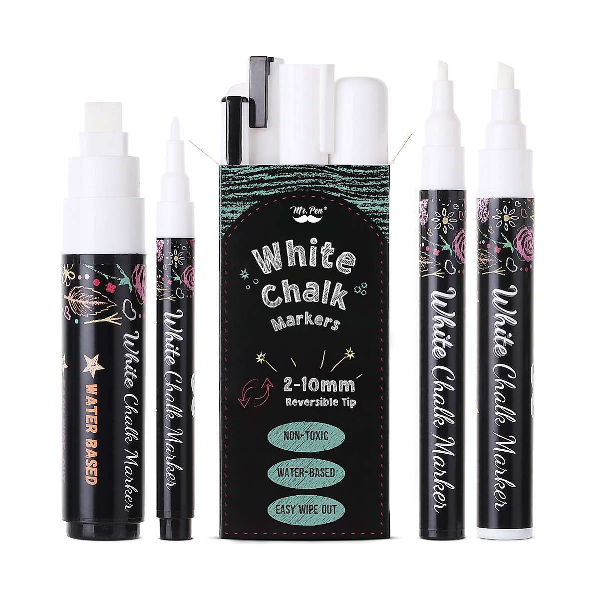 Mr. Pen- White Chalk Markers, 4 pcs, Assorted Size, Chalk Marker, Chalk Pen, Liquid Chalk Marker, Chalk Markers White, White Chalk Pen, Chalkboard Marker, White Chalkboard Marker, Chalkboard Pen