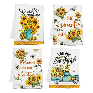 Camping Dish Towels and Dish Cloths, Funny Kitchen Towels with Sayings, Happy Camper Kitchen Hand Towels Sets of 4, Farmhouse Housewarming Gifts for RV Owners Lovers, 4 Pack Hand Towels Tea Towels
