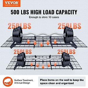 VEVOR Garage Shelving Wall Mounted, 2 x 4 ft Heavy Duty Garage Wall Shelves, 500 lbs Load Capacity Garage Storage Rack Floating Shelves, 2 Pack, Suitable for Shop, Shed, Garage Storage