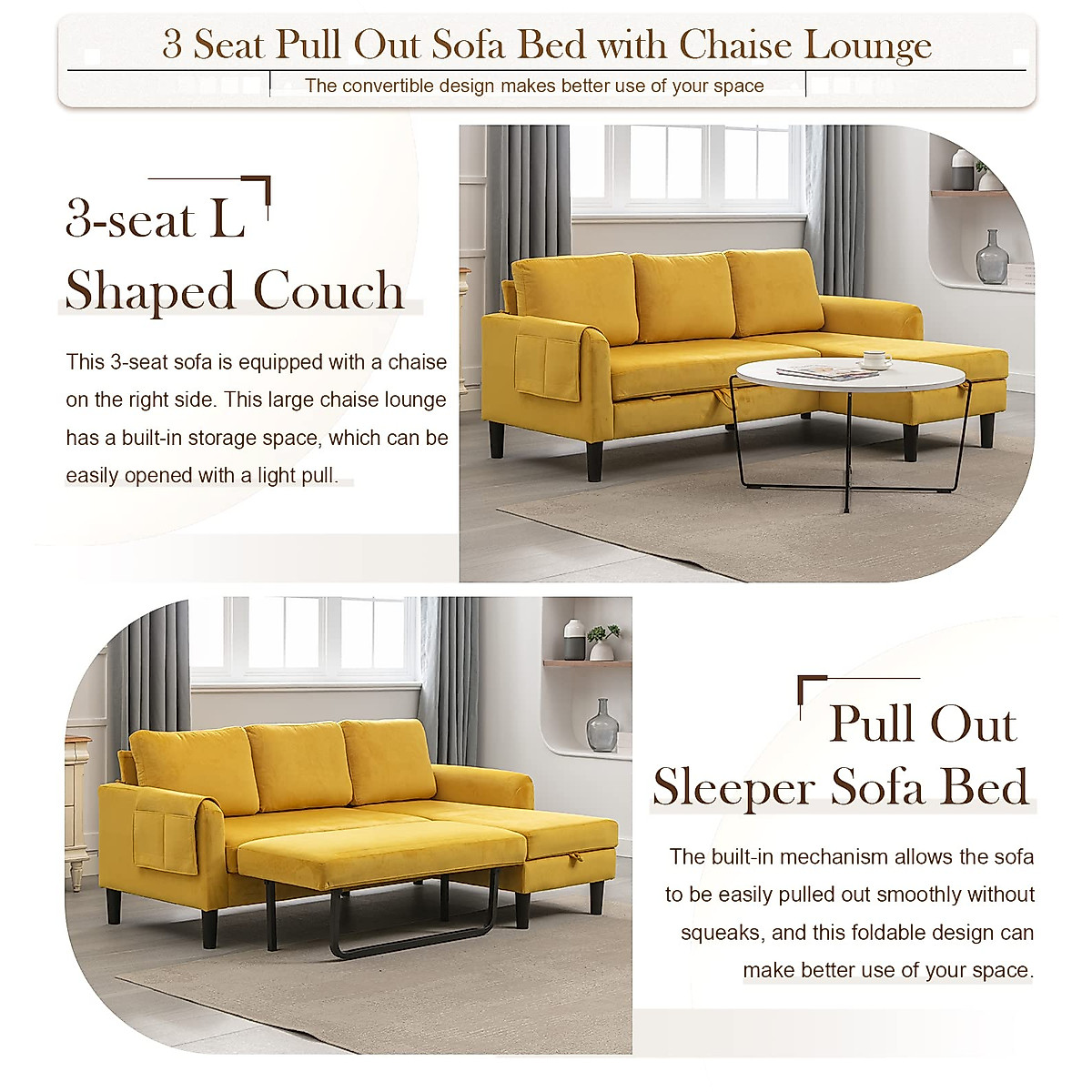 Modern Velvet Pull Out Sleeper Sofa Bed with Chaise, Comfy L Shaped Convertible Sleeper Couch with Storage and Pocket, Sectional 3 Seat Couch for Living Room Furniture or Office, Smooth Back - Yellow