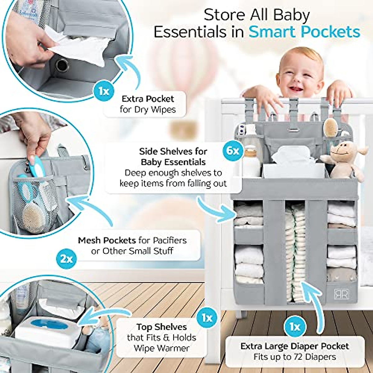 XL Hanging Diaper Caddy Organizer – Reinforced Diaper Stacker for Crib that Keeps Shape – Hanging Diaper Organizer for Changing Table, Playard, Wall & Door – Diaper Holder for Newborn Baby Girl & Boy
