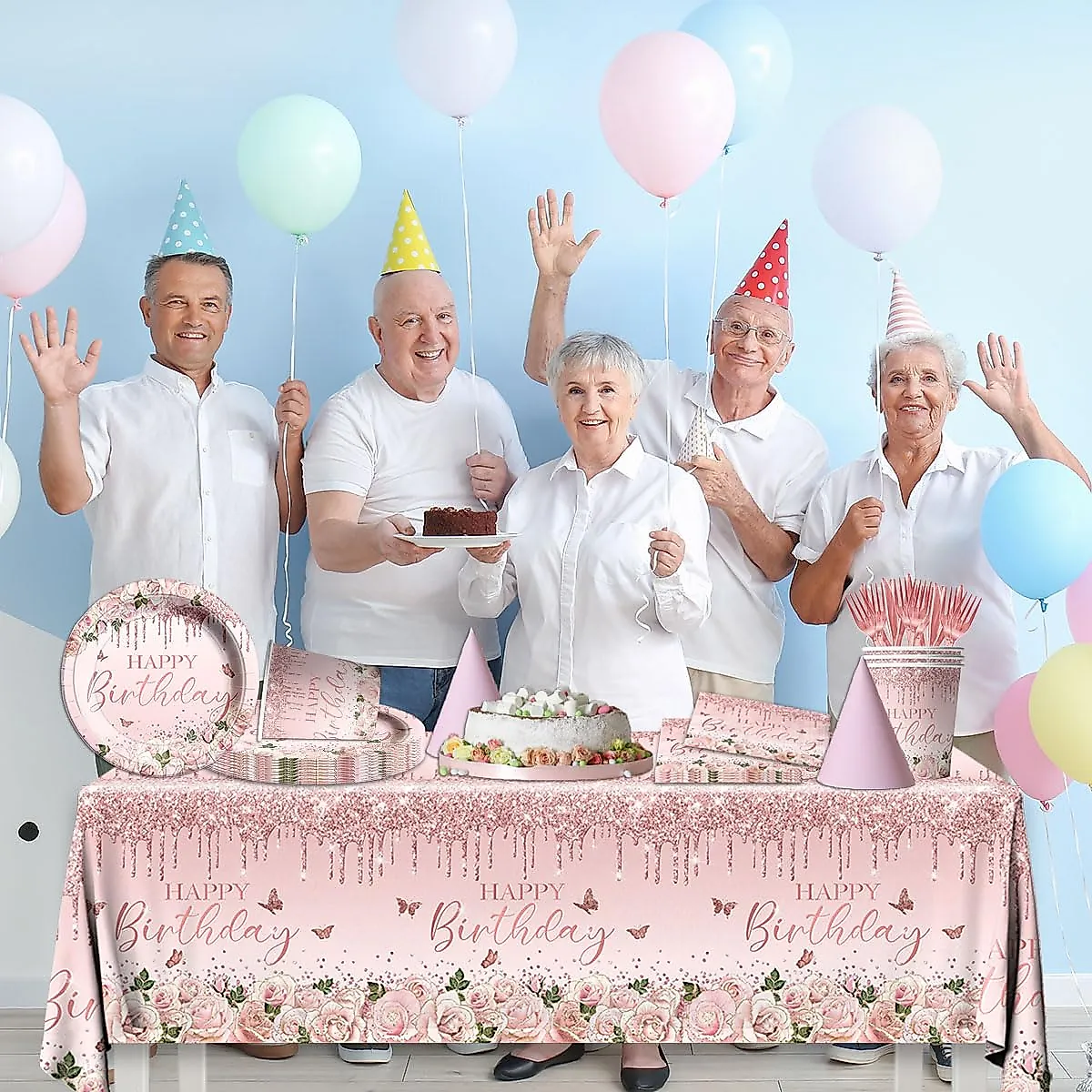 142Pcs Pink Rose Gold Birthday Party Supplies - Pink Birthday Party Tableware Disposable Dinner Plate,Tablecloth Rose Gold Theme Birthday Party Decoration for 50th 60th 70th 80th Women or Girls