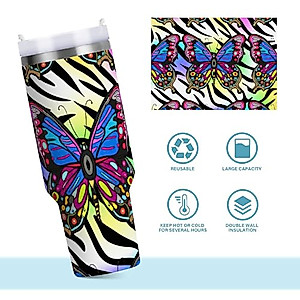 ODAWA Large Butterflies Zebra Insulated Tumbler Cups with Handle and Straw, 2 in 1 Lid Double Insulated Tumblers