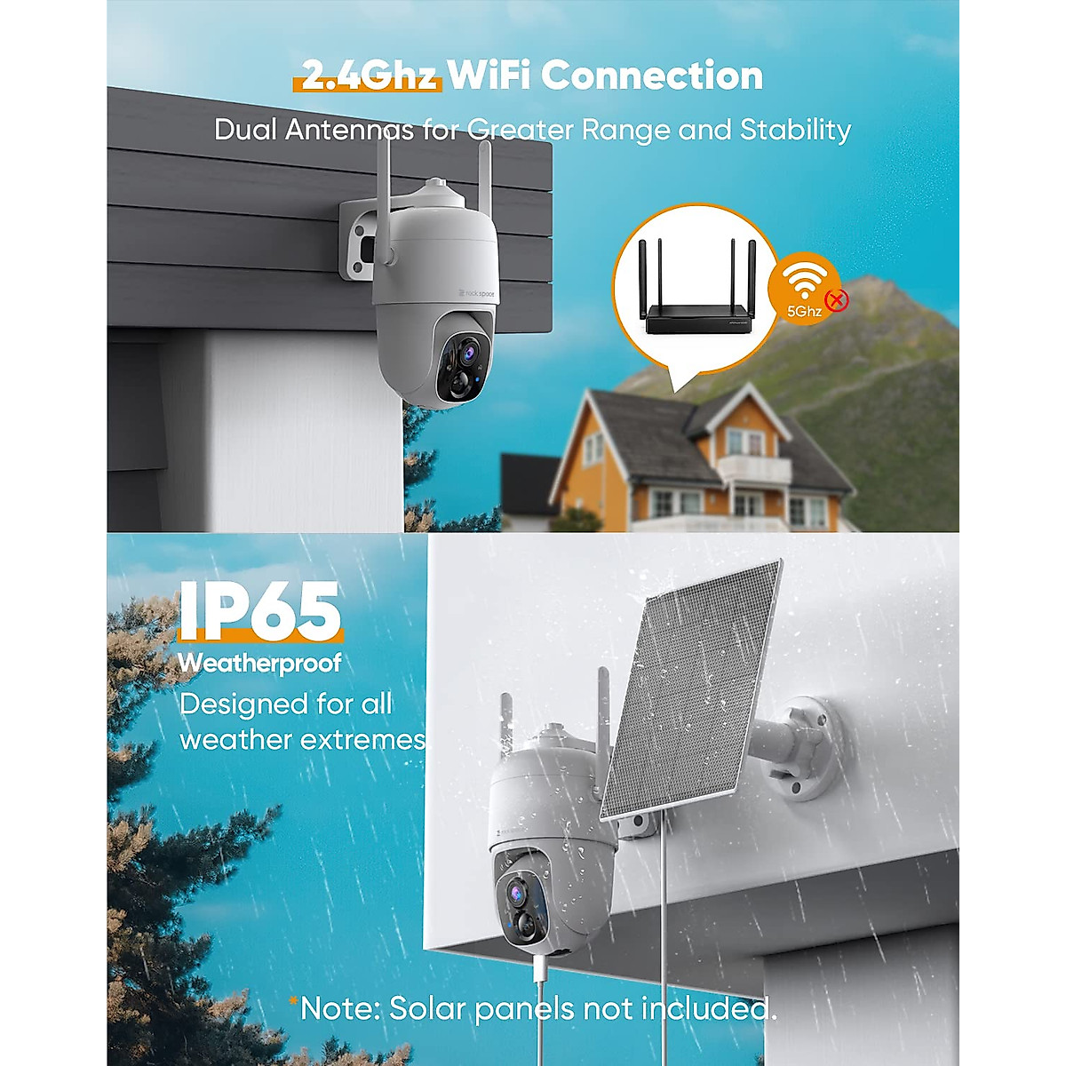 rockspace Outdoor WiFi Security Camera, 360° View Security Camera Wireless Outdoor, Pan Tilt Solar Powered with 1080p Night Vision, 2.4 Ghz Wi-Fi, 2-Way Talk, Motion Detection, Ip65 Waterproof