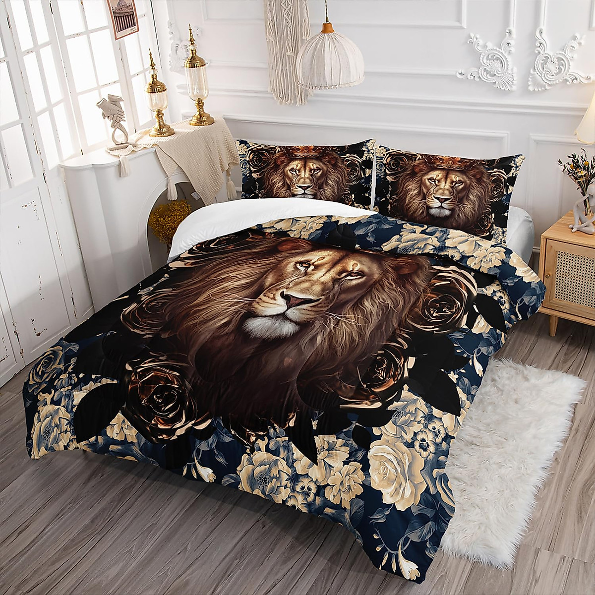 AILONEN 3D Lion King Comforter Set Queen Size, 3D Gold Rose Bedding Set,African Safari Animals Fitted Bed in a Bag for Kids Teens,Crown Lion Duvet Set,1 Quilt and 2 Pillowcases,3 PCS
