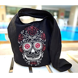 Fully Lined Sugar Skull Hippie Hobo Sling Crossbody Bag - Outside Phone Pocket, Metal Zippers, Wide Lined Shoulder Strap
