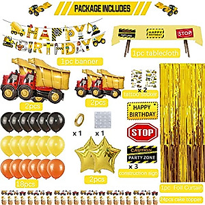Construction Theme Birthday Party Decorations Kit Dumb Truck Excavator Crane Banner Foil Curtain Tablecloth Balloons for Boys 1st 2nd 3rd 4th 5th Birthday Party, Baby Shower Supplies.
