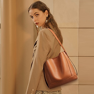 Cow Leather Designer Handbags for Women Bucket Bags for Women Tote Bucket Purse Shoulder Hobo Bags (Brown)