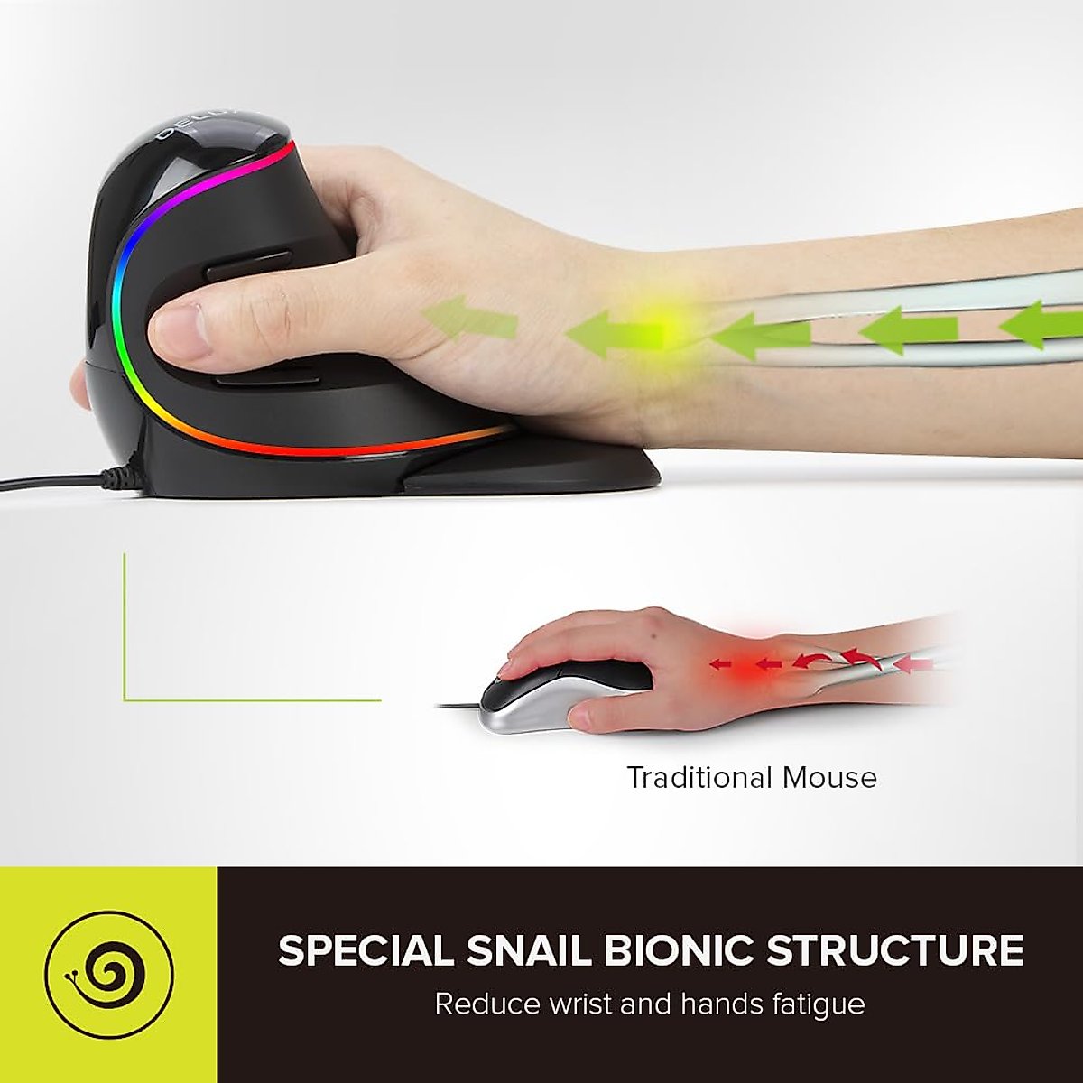 DeLUX Ergonomic Mouse, Wired Large RGB Vertical Mouse with 6 Buttons, 4000DPI, Removable Wrist Rest for Carpal Tunnel (M618Plus RGB-Wired)