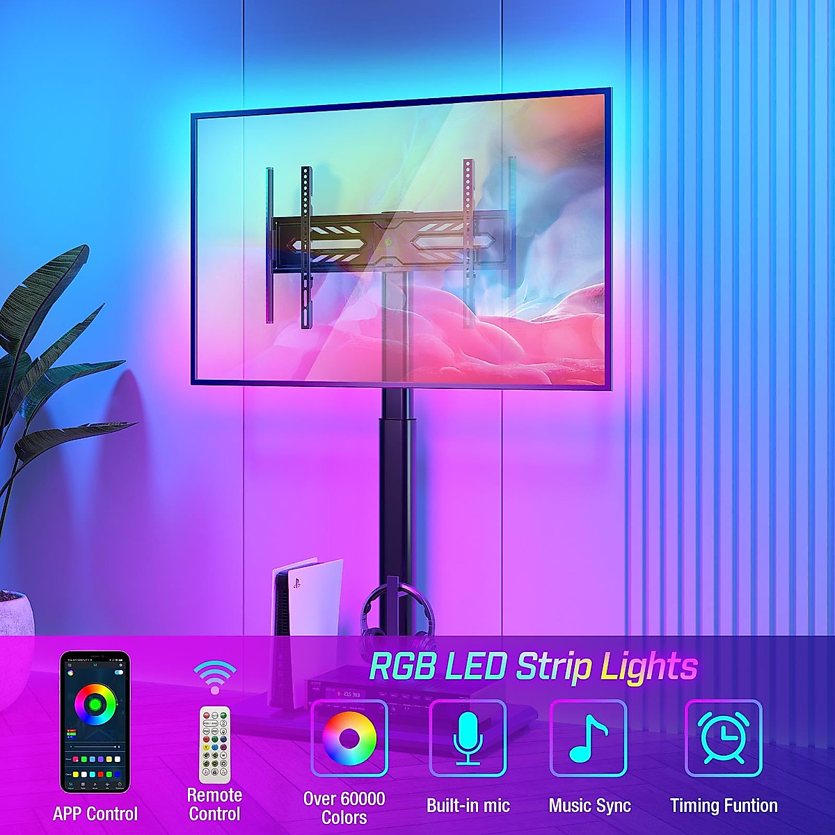 Greenstell TV Stand with LED Lights, Floor TV Stand for 32-70 inch TVs, Height Adjustable, Swivel Tall TV Stand, Eye Protection, Holds up to 110 Lbs, Max VESA 600x400mm