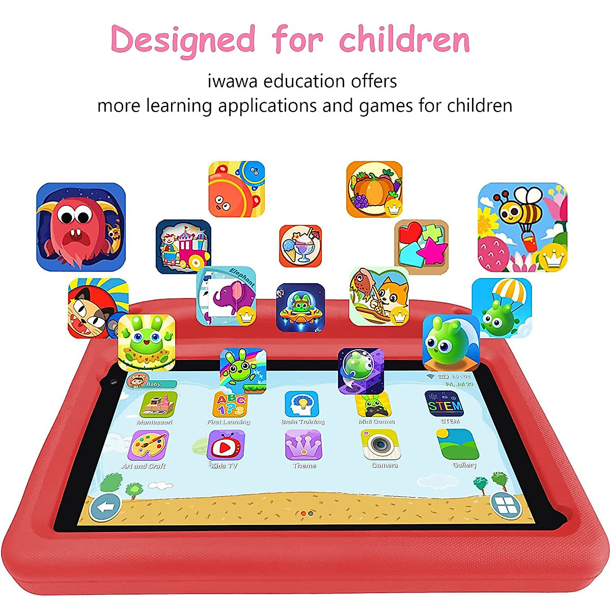 2024 Kids Tablet for Kids Android Tablet 7 inch 128GB Extended Memory, Google Play Installed Parental Control Mode Puzzle Game IPS HD Display, Toddler Tablet with Shock-Proof Case, Red