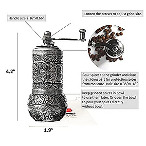 Bazaar Anatolia Turkish Pepper Mill Grinder Refillable Spice 4.2" Manual Crank Handle (Dark Silver)