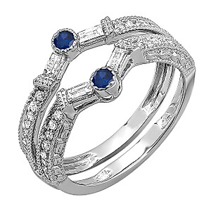 Dazzlingrock Collection 18K Round & Baguette White Diamond & Blue Sapphire Wedding Enhancer Guard Band, White Gold, Size 7