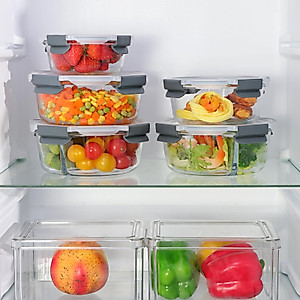 Moretoes 10pc Glass Food Storage Containers with Lid, Gray Round Single & 2 Compartment Meal Prep Containers, Airtight Glass Lunch Boxes for Leak Proof, Microwave, Oven, Freezer, Dishwasher
