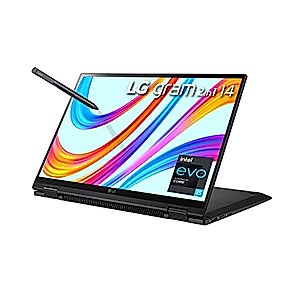 LG Gram 14T90P - 14" WUXGA (1920x1200) 2-in-1 Lightweight Touch Display Laptop, Intel evo with 11th gen Core i5 CPU, 8GB RAM, 256GB SSD, 24.5 Hours Battery, Thunderbolt 4, Black - 2021