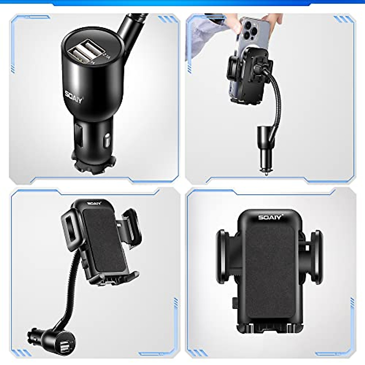 3-In-1 Multifunctional Car Mount + Car Charger + Voltage Detector, SOAIY Car Mount Charger Holder Cradle w/Dual USB 3.1A Charger, Display Voltage Current for iPhone7 6s 6 5s Samsung S7 S6 S5