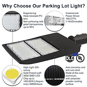 300W LED Parking Lot Light with Dusk to Dawn Photocell 42000 LM 5000K 1-10V Dimmable LED Shoebox Area Light (1000W HID/HPS Equivalent), Yoke Mount 100-277V AC IP65, UL&DLC Listed