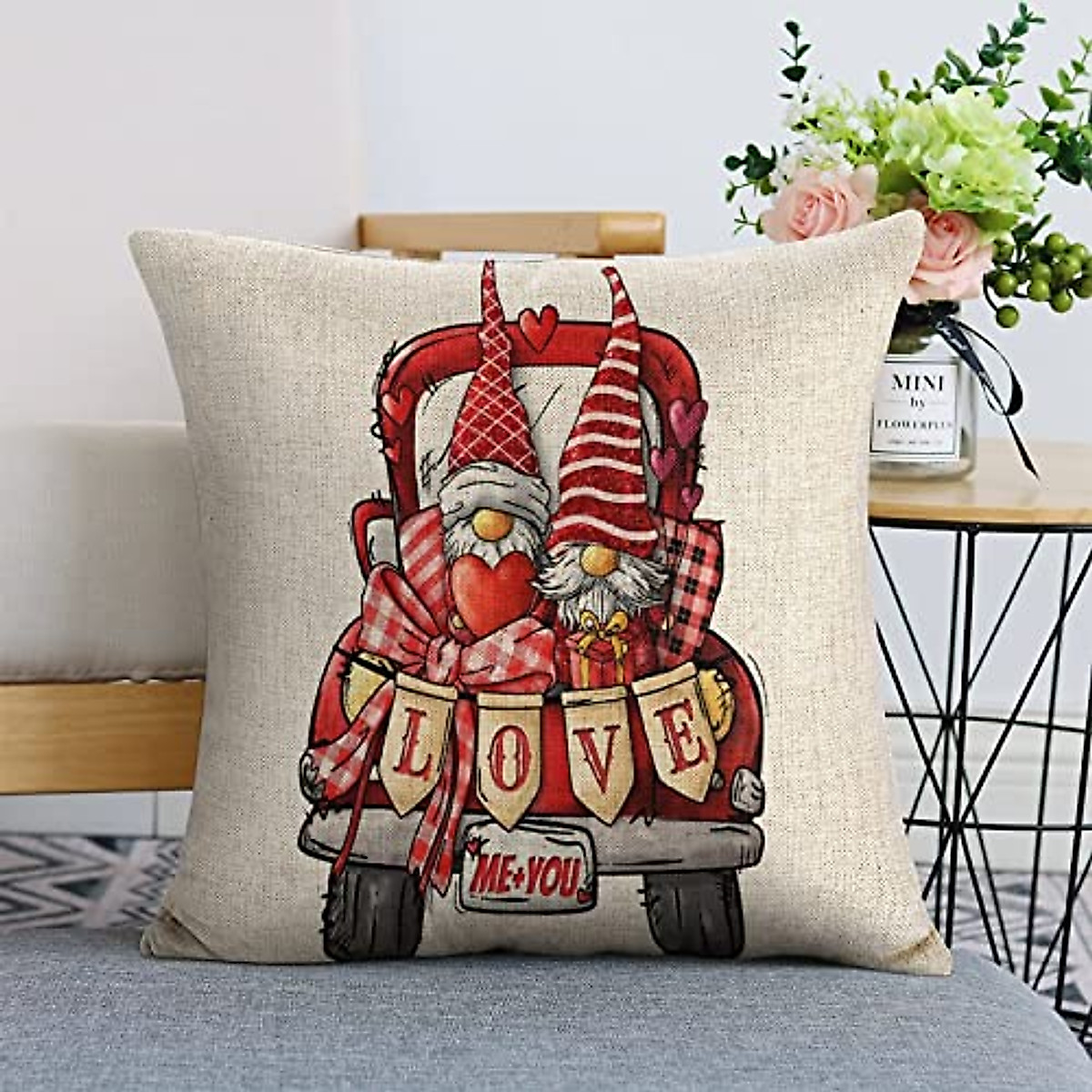 Love Gnomes Truck Throw Pillow Covers 18×18 Pillowcases Set of 2 Valentine's Day Cute Linen Decorative Square Pillow Case Cushion Covers Standard Size for Sofa Couch Outdoor Bed Pillow Protectors
