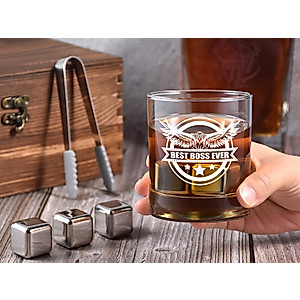 Best Boss Ever Whiskey Glass Stones Gifts for Boss, Funny Men's Christmas Birthday Day Gifts for Boss Supervisor Office Administrator Mentor Manager Coach Friends, Bourbon Scotch Glass Gift Set