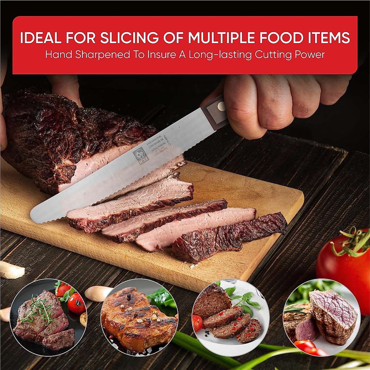 ICEL Steak Knives – Serrated Steak Knife with Rounded Tip – Serrated Knife with High Carbon Steel Blade and Rosewood Handle – Kitchen Knives for Party, Restaurant, Dinner