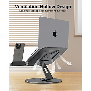 LOXP Ultra-Stable Aluminumy Swivel Laptop Stand for Desk with Rotating Foldable Phone Holder, 300% Large Base Stability, Anti-Loosening,Suitable for 10"-17.3" Laptops, Black