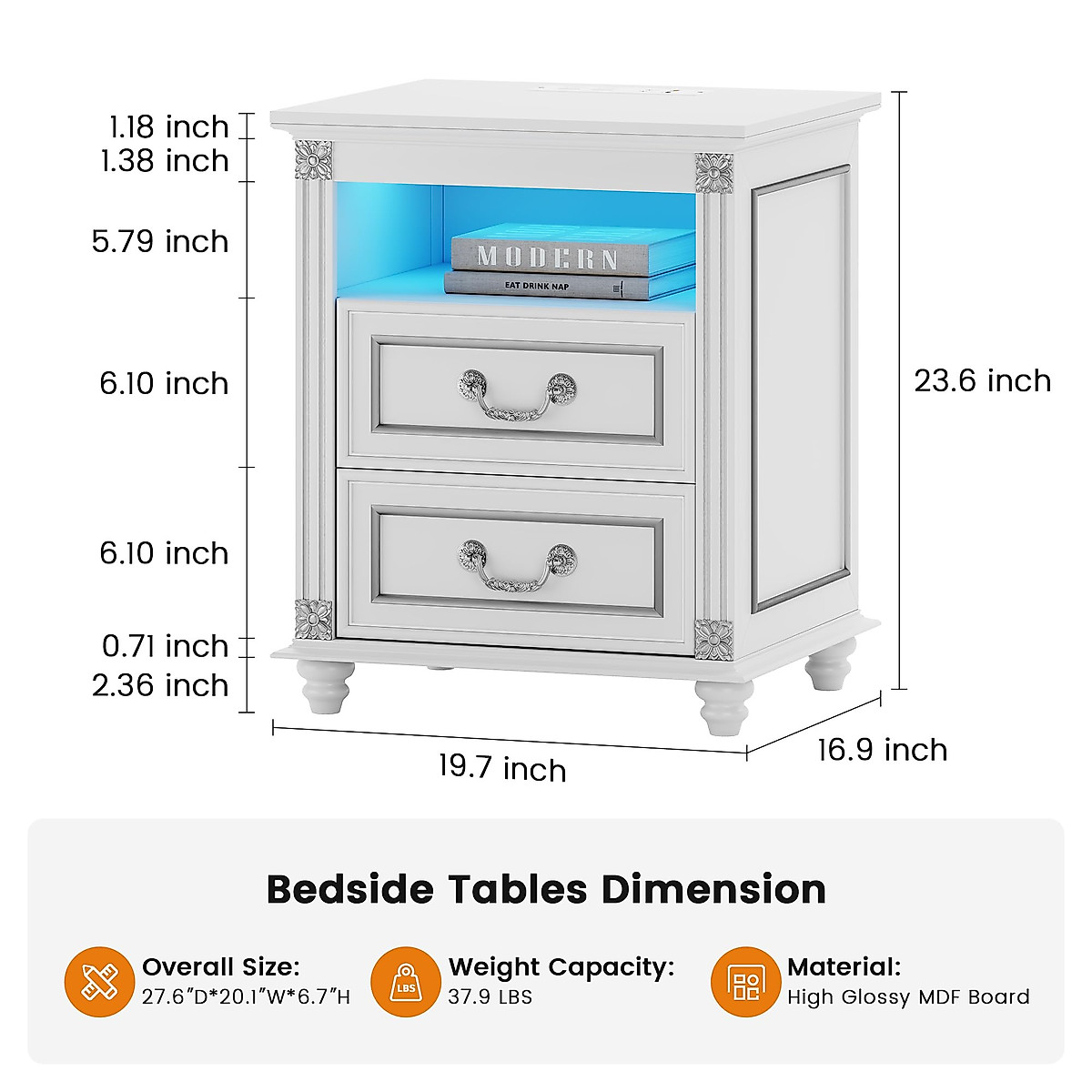 SKKTKT Night Stand with Charging Station, Nightstands with 3 Color LED Lights, Side Table with 2 Drawers Storage, Bedside End Table with Outlets and USB Ports for Bedroom, White