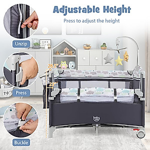 BABY JOY 5-in-1 Pack and Play, Portable Baby Bedside Sleeper with Bassinet, U-Shaped Diaper Changer, Safety Strap, Side Zipper Entrance, Hangings, Bedside Crib Playard from Newborn to Toddlers (Gray)