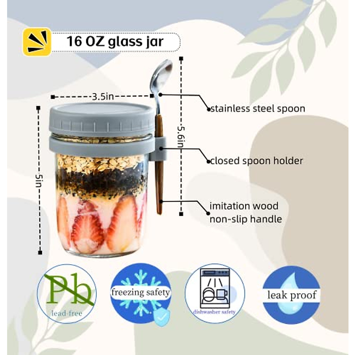 KETWOD Overnight oats containers jars with lids and spoons.The 16oz mason jars for overnight oats can store oats, fruits, vegetables, chia seeds, etc. four colors overnight oats jars.