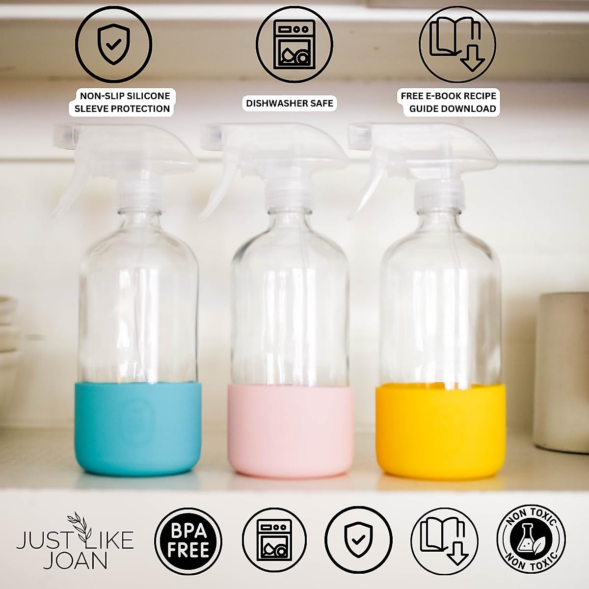 Just Like Joan Glass Spray Bottles 16 oz with Silicone Sleeve - Clear Glass Spray Bottles for Cleaning Solutions, Essential Oils, Plants, Vinegar - Refillable - Food Safe (2 Pack - Pink & White)
