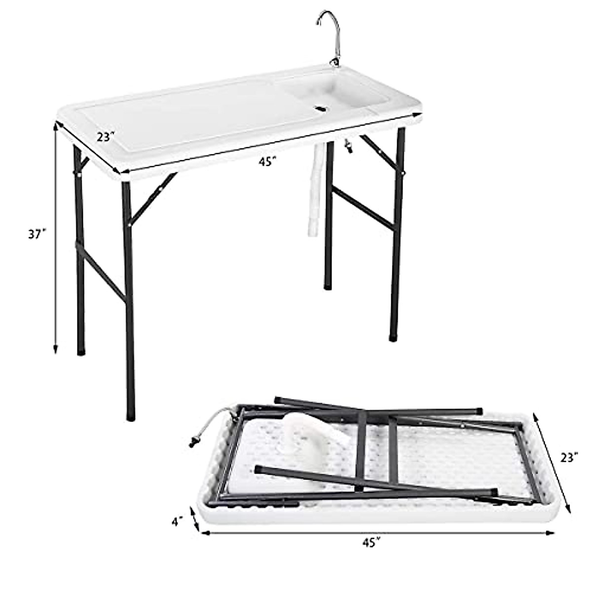 Goplus Portable Fish Cleaning Table with Sink, Folding Outdoor Camping Sink Station with Hose Hook Up, Heavy Duty Fillet Table with Faucet for Dock Beach Patio Picnic