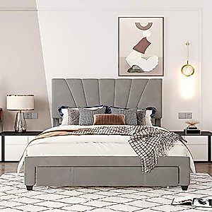 Livavege Queen Bed Frame with Wingback Headboard and Storage Drawers, Velvet Upholstered Platform w/Wooden Slats Support, Queen Size Bedframe No Box Spring Needed, Easy Assembly/Mattress Foundation