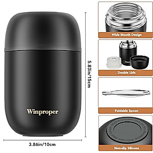 Winproper 16OZ Food Container for Hot Food, Airtight Insulated Food Jar for Adult & Kids, Stainless Steel Vacuum Lunch Container, Kids Lunch Cup with Spoon, School, Office, Picnic, Outdoor, Black