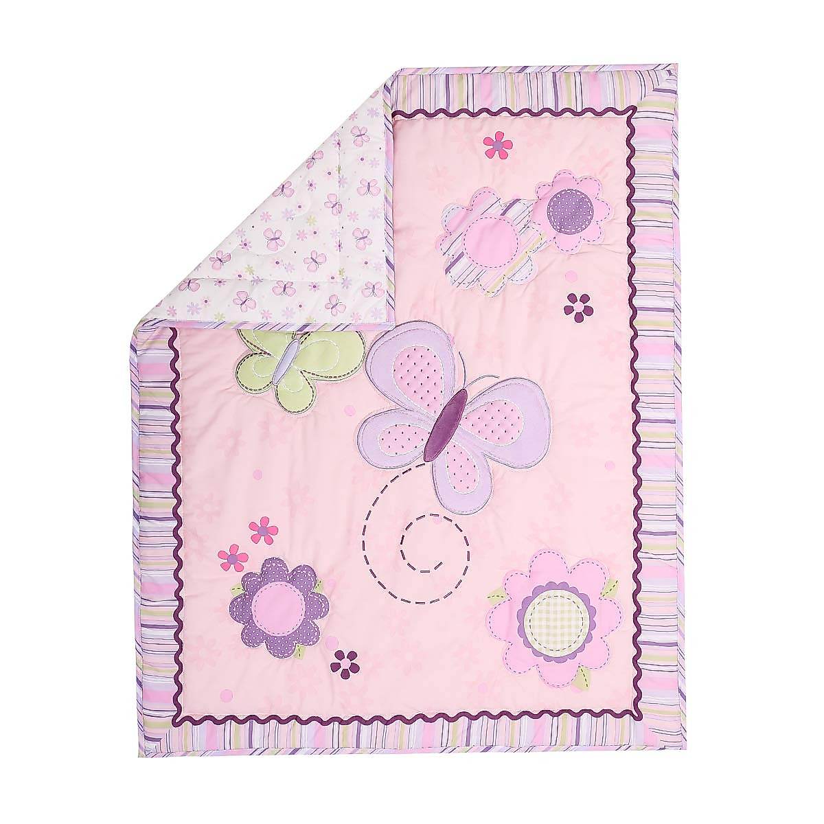 Brandream Crib Bedding Sets for Girls with Purple Butterfly | Baby Comforter, Fitted Sheet, Dust Ruffle and Diaper Stacker, Ambroidered Floral Animal Pink, 4 Pieces