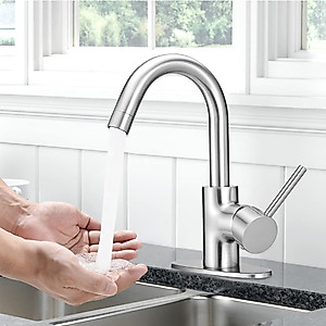PHICHI Bar Faucet Chrome, 1 Or 3 Hole Single Handle Stainless Steel Gooseneck Sink Faucets for Bathroom Bath Outdoor with Hot & Cold Water Supply Lines