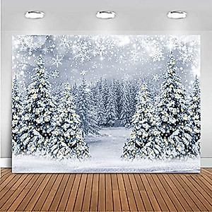 Mocsicka Winter Scene Backdrop Snowy Christmas Pine Tree Halo Spots Photography Background White Wonderland Snowflake Forest Party Holiday Photoshoot Props (White, 7x5ft)