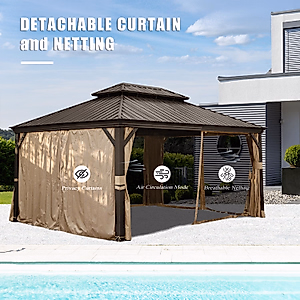 Domi 12'x14' Hardtop Gazebo with Gutters, Outdoor Aluminum Frame Canopy with Galvanized Steel Double Roof, Outdoor Permanent Metal Pavilion with Curtains and Netting for Patio, Backyard and Lawn