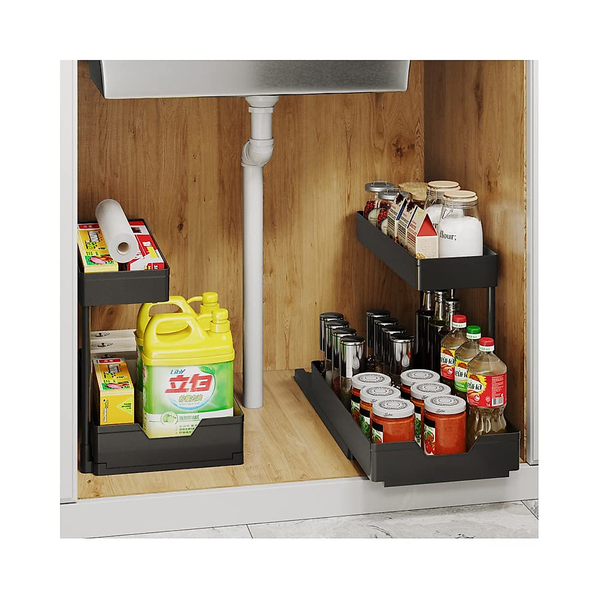 Under Sink Organizers 2-Tier, Bathroom/Kitchen Cabinet Basket Organizer Storage with Hooks Widely Use for Kitchen Spices/Under Sink/Bathroom